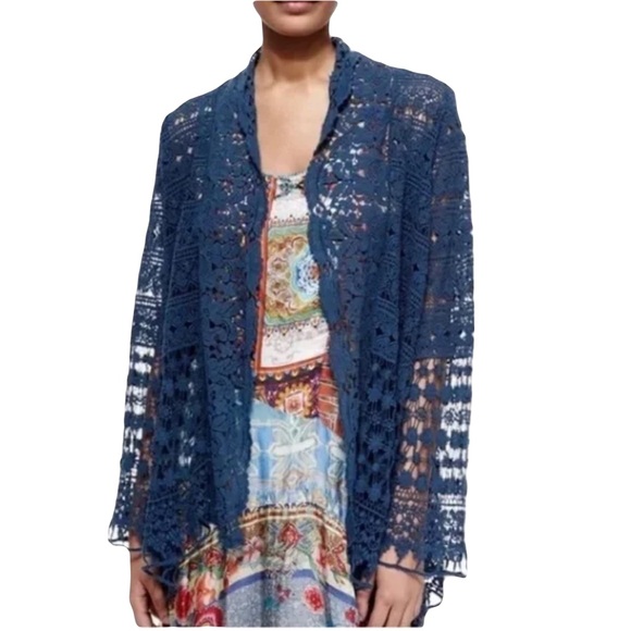 Johnny Was | Tops | Johnny Was Floral Crochet Open Front Blue Cardigan ...